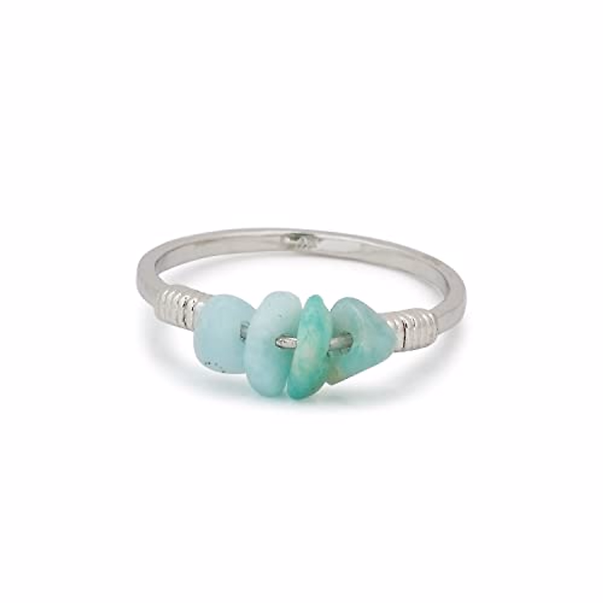 Pura Vida Silver Plated Wire Wrapped Gemstone Ring w/Natural Amazonite - Brass Base, Rhodium Plating - Size 7