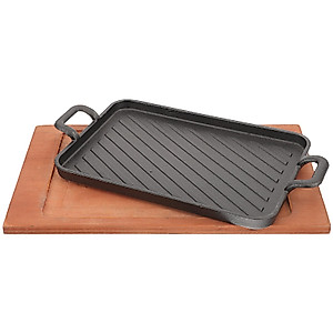 Yardwe Cast Iron Steak Plate, Sizzle Plate with Wooden Base, Steak Pan Grill Fajita Server Plate for Home Kitchen Restaurant (7.5" x 12.5")