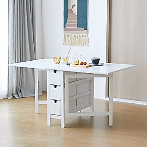 Livinia Wings Gate-Leg Wooden Dining Table, Solid Hardwood Expandable Drop Leaf Space Saving Kitchen Table with 6 Drawers Fully Assembled(White)