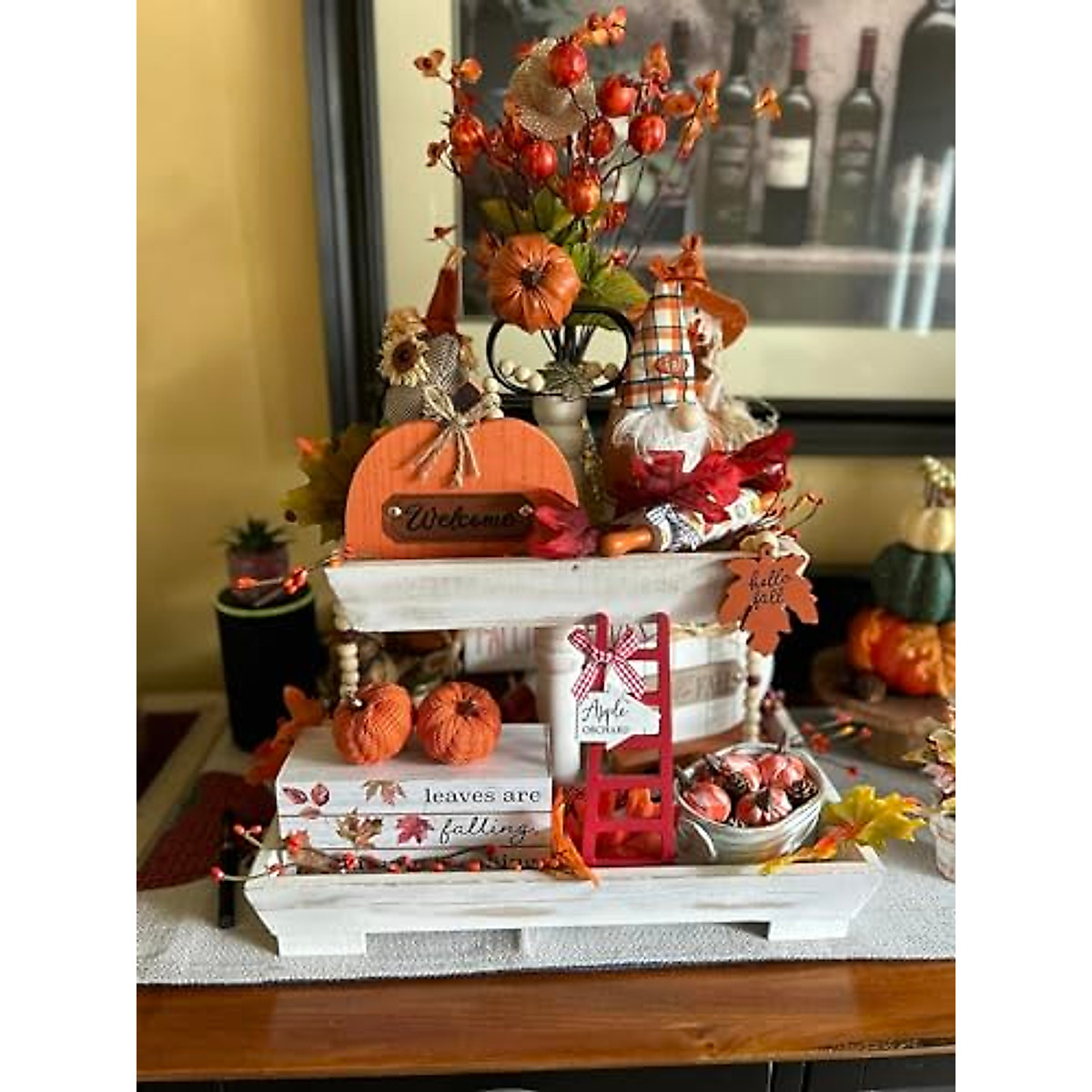 2 Tiered Tray, 2 Tier Wood Tiered Tray, 2 Tiered Tray Farmhouse,White Tiered Tray for Rustic Home Sweet Home Kitchen Decor for Valentine's Day Halloween Christmas Easter