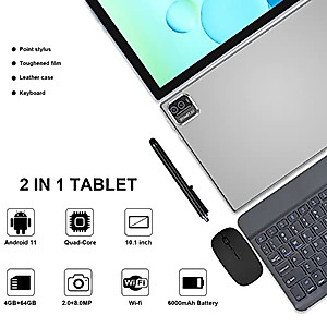 Tablet Android 11.0 Tablet, 2 in 1 Tablet 10.1 Inch, 64GB ROM+4GB RAM, CPU 1.8Ghz Dual 8MP Camera, 6000mAh Battery IPS WIFI Bluetooth Tablets PC with Keyboard Case Mouse Film Stylus Tablet computer.
