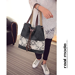 Women Printing Canvas Shoulder Bag Casual Hand Bags Purse Retro Tote Bags (Black) Medium