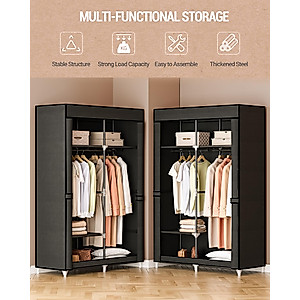 Hzuaneri 35.8 Inch Closet Wardrobe, Clothes Storage Organizer for Hanging Clothes with Cover, 2 Hanging rods, 5 Storage Shelves, Portable Closet for Bedroom 35.8 x 17.7 x 66 inches, Pure Black