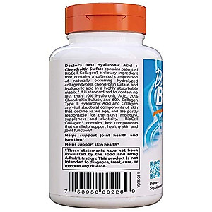 Doctor's Best Hyaluronic Acid with Chondroitin Sulfate, Featuring BioCell Collagen, Non-GMO, Gluten Free, Soy Free, Joint Support, 180 Count (Pack of 1)