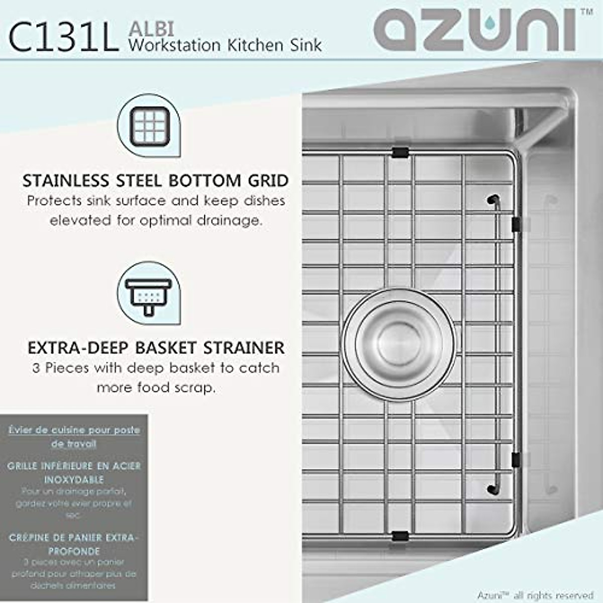 AZUNI 30 inch x 19 inch Single Bowl Undermount 16G Reversible Kitchen Ledge Workstation Sink with Grid, Luxury Basket Strainer, Drying Rack and Bamboo Cutting Board, C131L