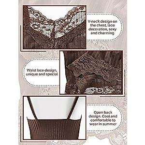 2 Pcs Women Lace Patchwork Crop Top Fairy Grunge Style Cropped Tees Y2k E Girls Clothes Cami Ribbed Knitted Tank Tops(Brown, Black,Small)