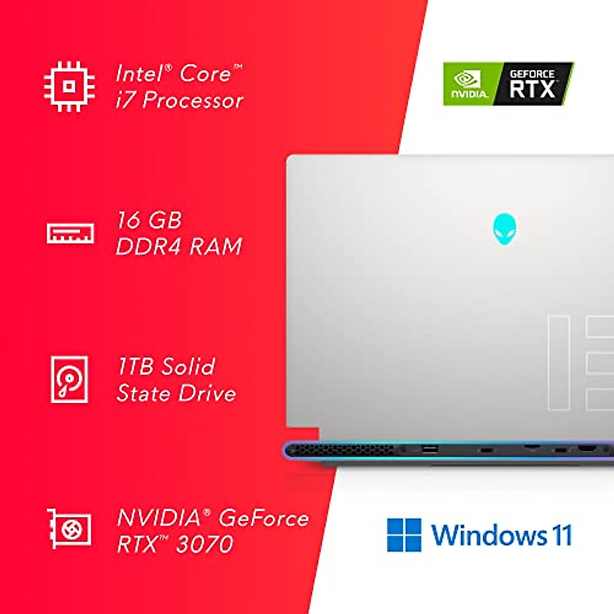 Alienware X15 R1 VR Ready Gaming Laptop - 15.6 inch 360Hz FHD 1080p Display, NVIDIA GeForce RTX 3070, Intel Core i7-11800H (11th Gen), 16GB DDR4 RAM, 1TB SSD, Wi-Fi 6, Windows 11 Home - Lunar Light