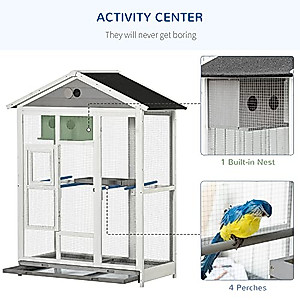 PawHut 64.5" Wooden Bird Cage Aviary, Flight Cage with 4 Perches, Nest and Slide-Out Tray for Indoor/Outdoor, Gray