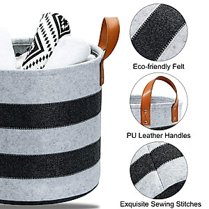 Round Storage Basket Medium Bin Towels Blanket Basket Foldable Laundry Baskets with PU Handles Felt Fabric Bins for Home, Living Room, Bathroom