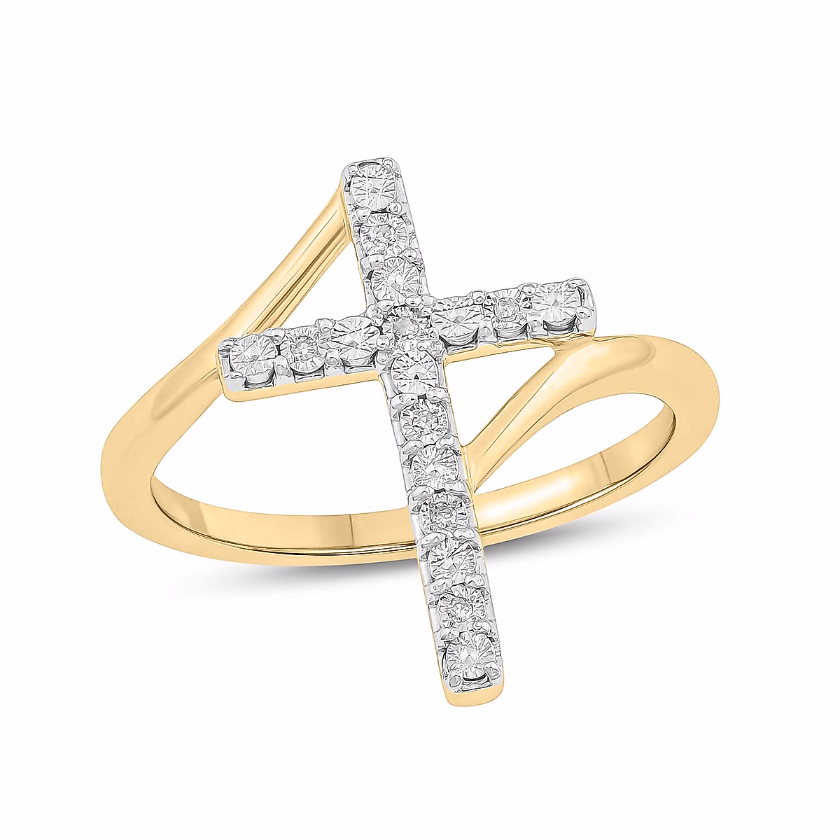 Cali Trove, Diamond Cross Ring for Women in Yellow Gold-Plated Sterling Silver, Women's Vertical Cross Ring with Bypass Band and Accented with Round White Diamonds, Yellow Gold-Plate Religious Ring