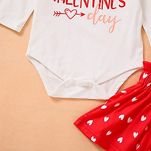 Baby Girls My First Valentine's Day Outfit Ruffles Long Sleeve Romper + Heart Suspenders Skirt Set(White, 6-9Months)