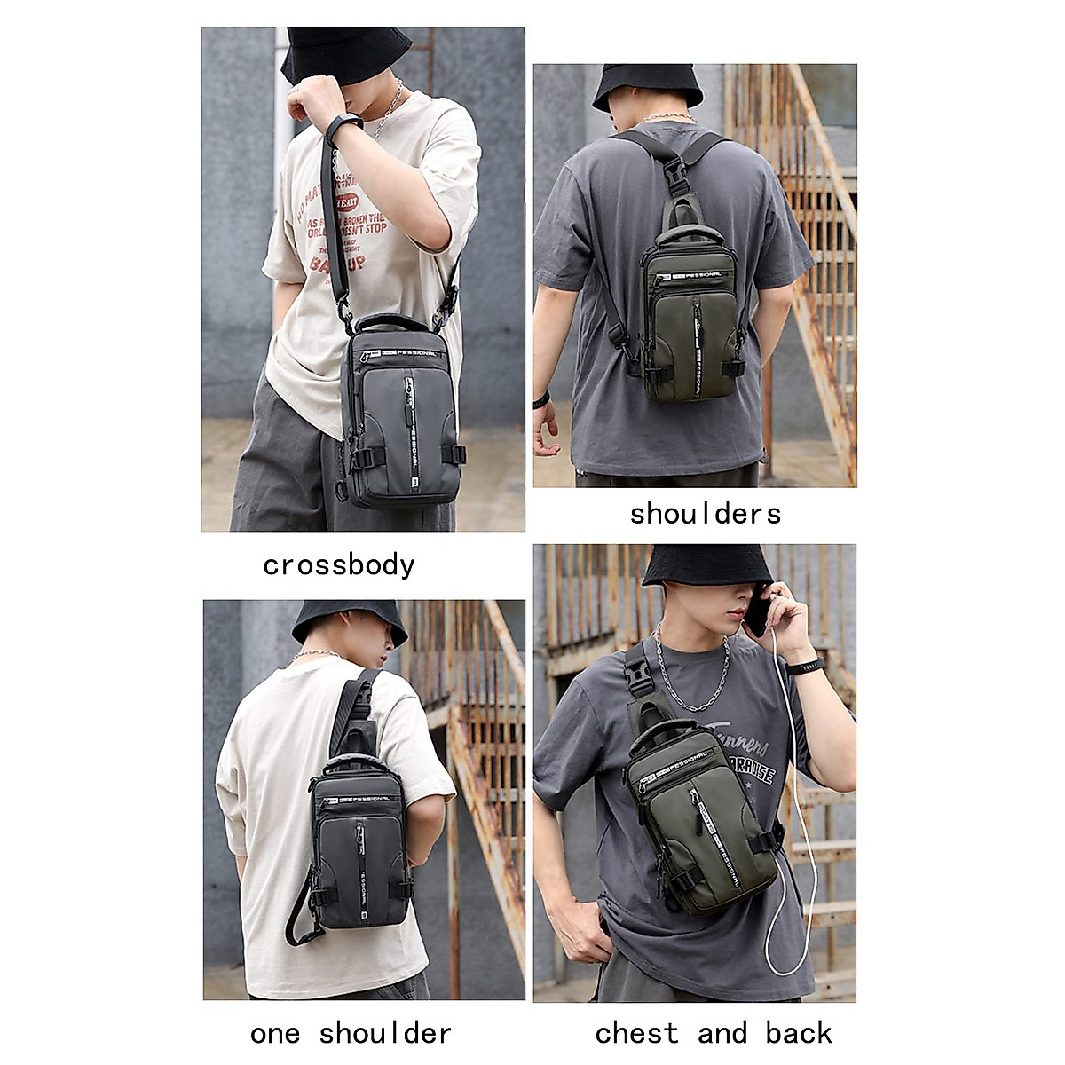 WZCSLM Sling Bag for Men Women Shoulder Backpack Chest Bags Crossbody Daypack with USB Cable for Hiking Camping Outdoor Trip (ArmyGreen)