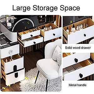 ZTGL Makeup Vanity with Lights and Charging Station, Vanity Mirror with LED Light and Table Set, Large Vanity Desk with 5 Drawers and Chair, Modern Vanity Table with Nightstand,White Mirror b,L: 60cm