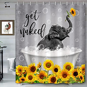 Drgilau Funny Elephant Get Naked Shower Curtain Sets, Cute Animal Elephant with Sunflowers Grey Backdrop Bathroom Decor Bathtub Curtains, Waterproof Fabric Shower Curtains with Hooks