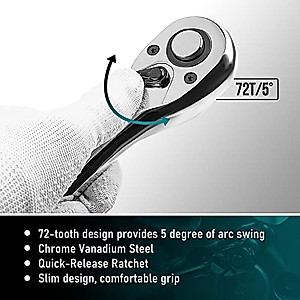 PHIRAH 1/4-Inch Drive Ratchet Handle, Ratchet Wrench, 72-Tooth Quick-Release Reversible Socket Wrench,CR-V Handle