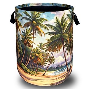 Retro Hawaii Palm Tree Laundry Basket Summer Beach Foldable Funny Laundry Hamper Oxford Cloth Tote Bag Clothes Storage Bucket Toy Organizer 18.9"x16.5" For Bathroom/Laundry Storage/Bedroom