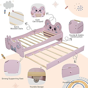 Merax Children Cat-Shaped Platform Bed with Trundle, Wooden Bedframe, No Box Spring Needed, Twin Size, Pink