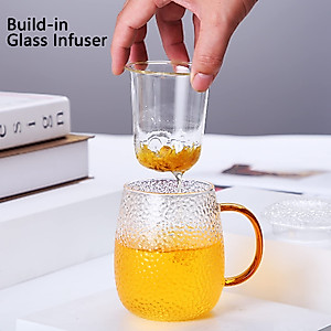 Tea Cup With Infuser and Lid, 19 OZ (560 ml), Amber Color Handle, Food Grade Borosilicate Glass Material, Resistant to Cold and Hot Shock, Hammered Texture Design, Loose Leaf Tea Cup