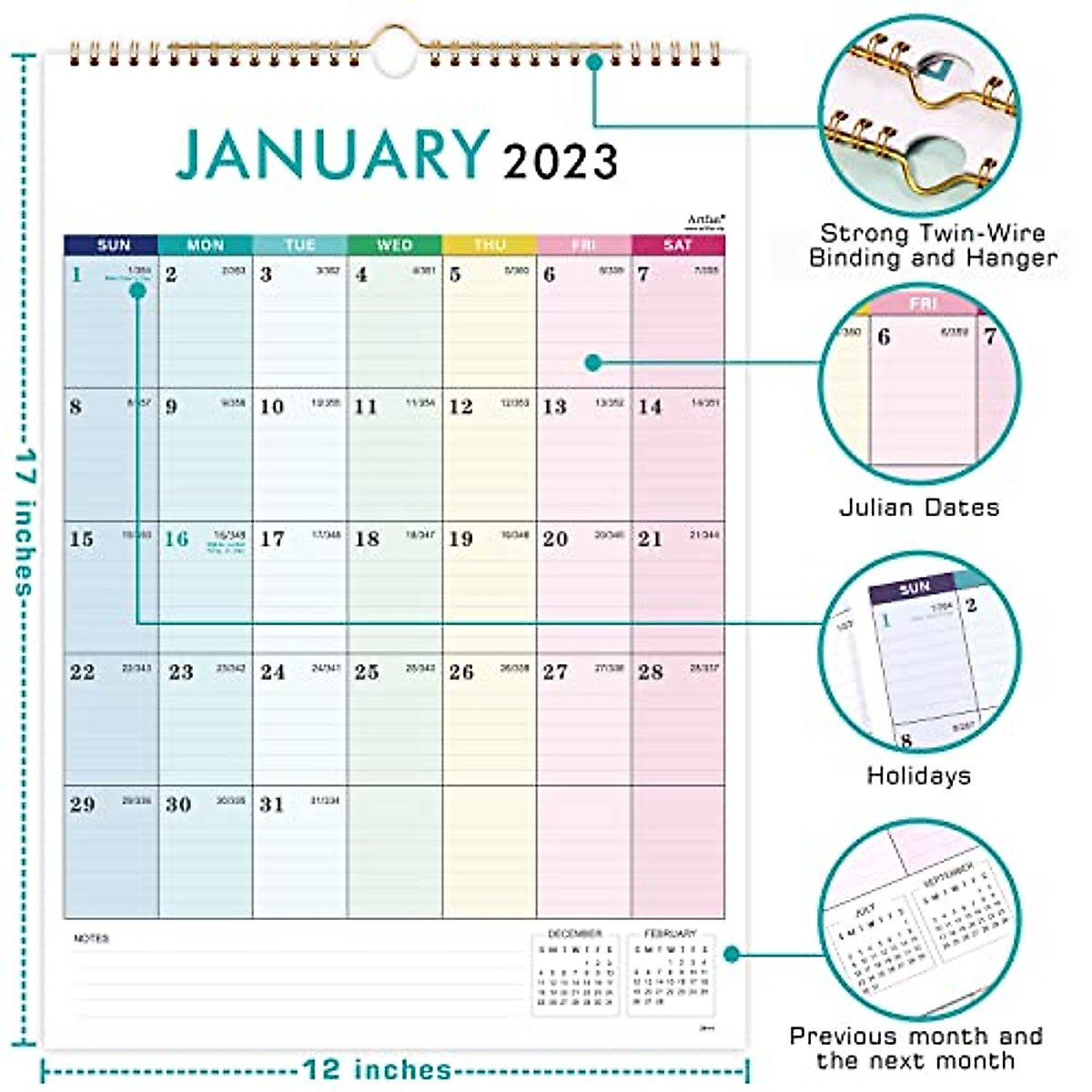 Wall Calendar 2023-2024 - Calendar 2023-2024, Jan. 2023 - Jun. 2024, 12" x 17", 2023 Wall Calendar with Thick Paper, Twin-Wire Binding + Hanging Hook + Large Blocks with Julian Dates - Colorful Lump