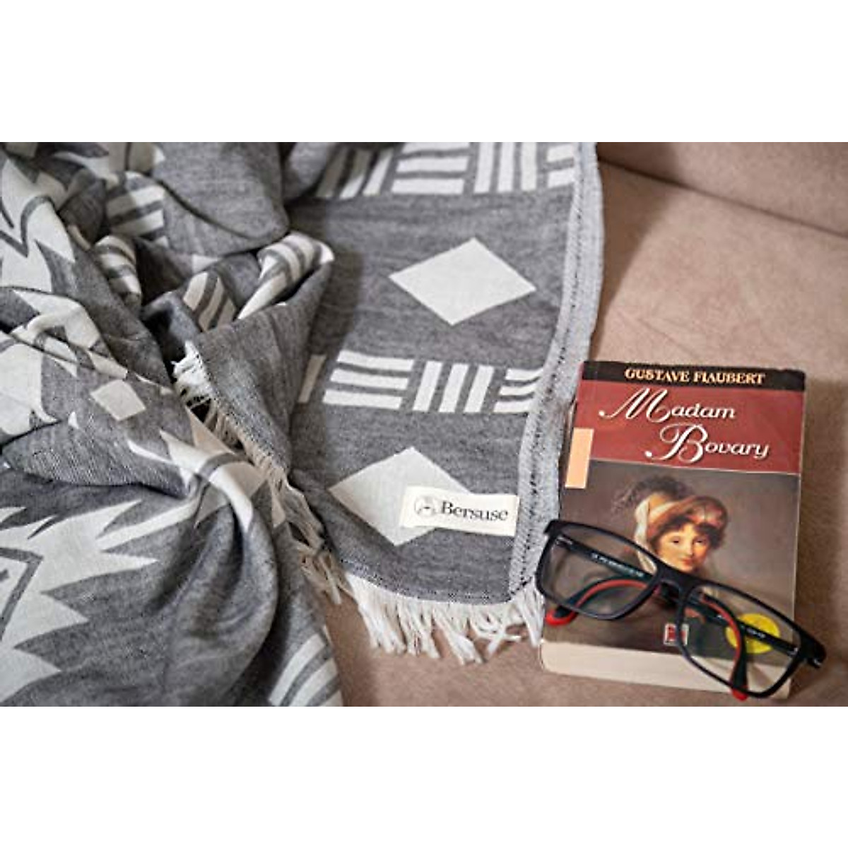 Bersuse 100% Cotton Belize XL Throw Blanket Turkish Towel - 75x90 Inches, Black