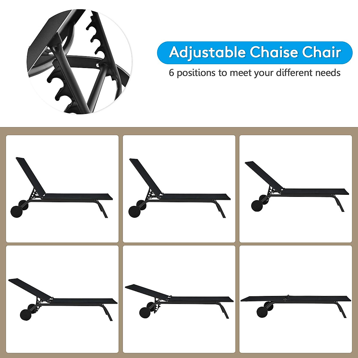 Giantex Lounge Chairs for Outside Patio Chaise Lounges Aluminum Recliner W/Adjustable 6 Backrest Positions and Wheels for Patio Beach Poolside Outdoor Sunbathing Chair(1, Black)