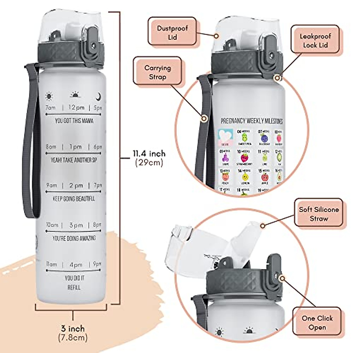 Mewl Pregnancy Water Bottle Tracker with Straw (BPA Free) - Weekly Pregnancy Milestone Stickers & Motivational Water Bottle with Time Marker - Pregnancy Must Haves & First Time Mom Gift