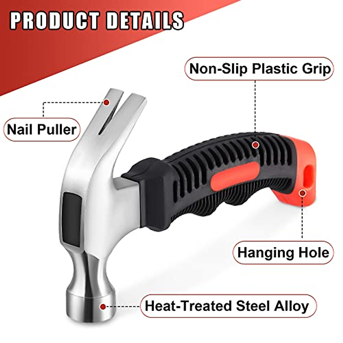 8 Pieces Small Hammer 12 Ounce Mini Hammer for Kids Women Men, Lightweight Melt Claw Hammers Bulk with Hardware Nails for Hanging Pictures Crafts Tent Kit (Orange and Black)