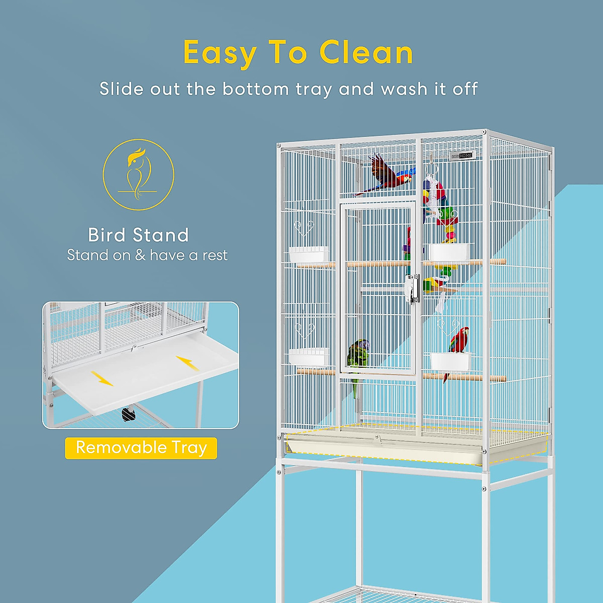 VIVOHOME 54 Inch Wrought Iron Large Bird Flight Cage with Rolling Stand for Parakeets Canaries Cockatiels Lovebirds Conures, White