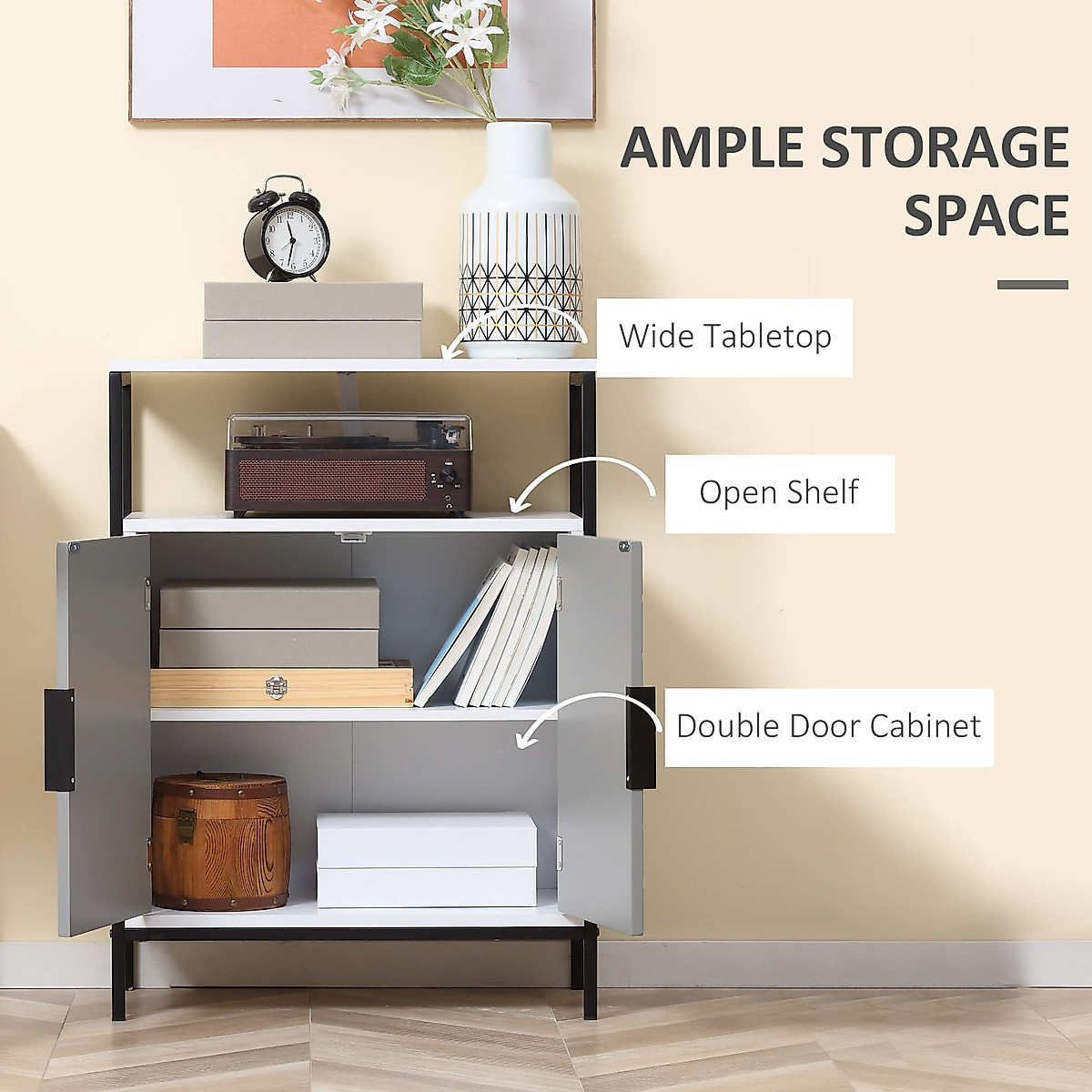 HOMCOM Storage Cabinet with Open Shelf and Double Door Cupboard, Accent Cabinet with Herringbone Panel and Steel Frame, Gray