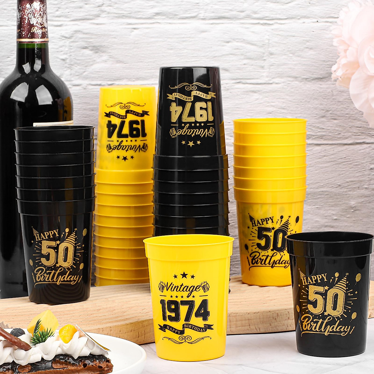 Shojoy 40 Pack Happy 50 Birthday Party Cups Black and Gold Birthday Stadium Cups 8 Ounces Reusable Plastic Tumblers for Birthday Anniversary Party Supplies Decors
