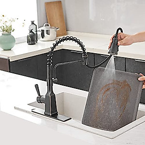 Bathfinesse Kitchen Faucet with Pull Down Sprayer High Arc Single Handle Gooseneck Spring Solid Brass Kitchen Sink Faucet with Deck Plate Oil Rubbed Bronze Commercial Faucet for Kitchen Sink Pull Out