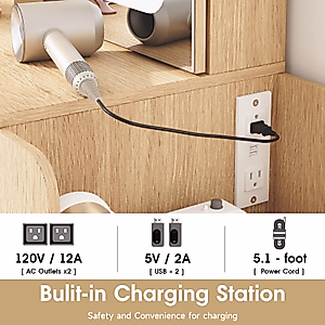 Natural Vanity Desk with Full Length Mirror and Lights Mirror Makeup Vanity Table with 2 Storage Drawers Dressing Table for Bedroom with Power Outlet,Charging Station,Hooks Hidden,Shelves,Natural