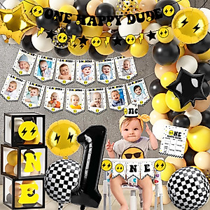 One Happy Dude 1st Birthday Party Decorations Party Supplies First Birthday Party Decoration for Boy Black and Yellow Theme Backdrop Balloon High Chair Banner Balloon Boxes Crown Poster (Selection-D)