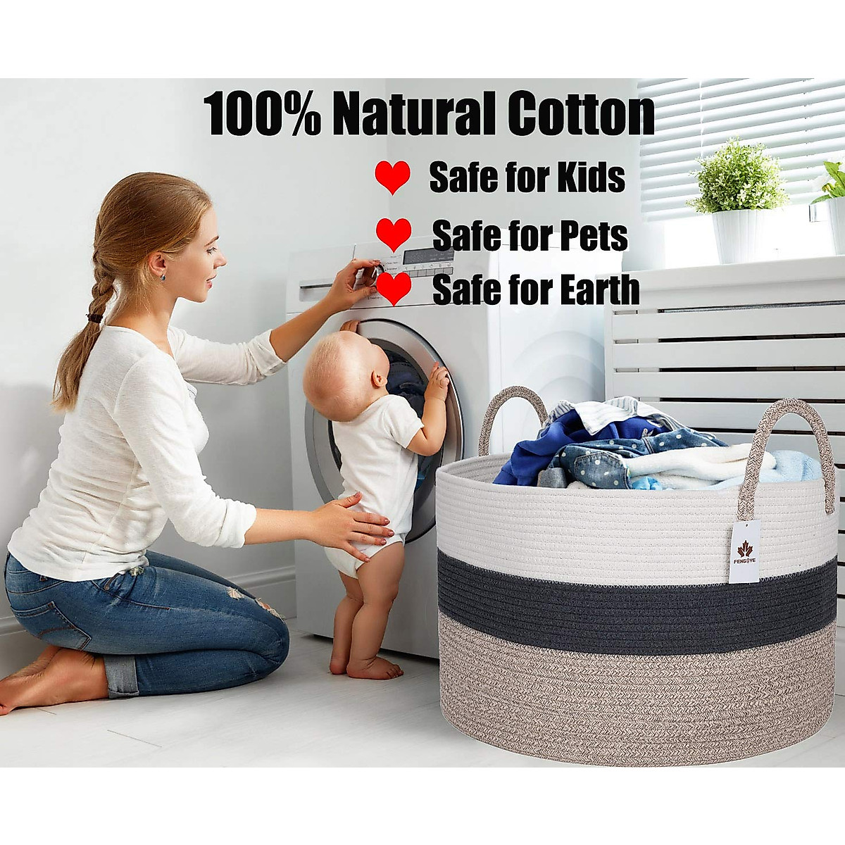 Extra Large Cotton Rope Basket Woven Basket Storage Baby Laundry Hamper with Handles for Nursery Laundry, Clothes, Toys, Blanket, Magazines, Towels, Home Organize Container 21.7" x 21.7" x 13.8"