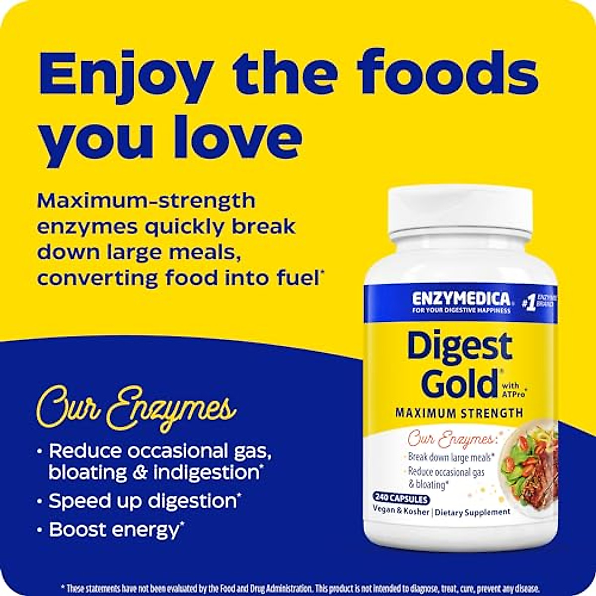 Enzymedica Digest Gold + ATPro, Maximum Strength Digestive Enzymes, Helps Digest Large Meals for Instant Bloating Relief, 240 Count