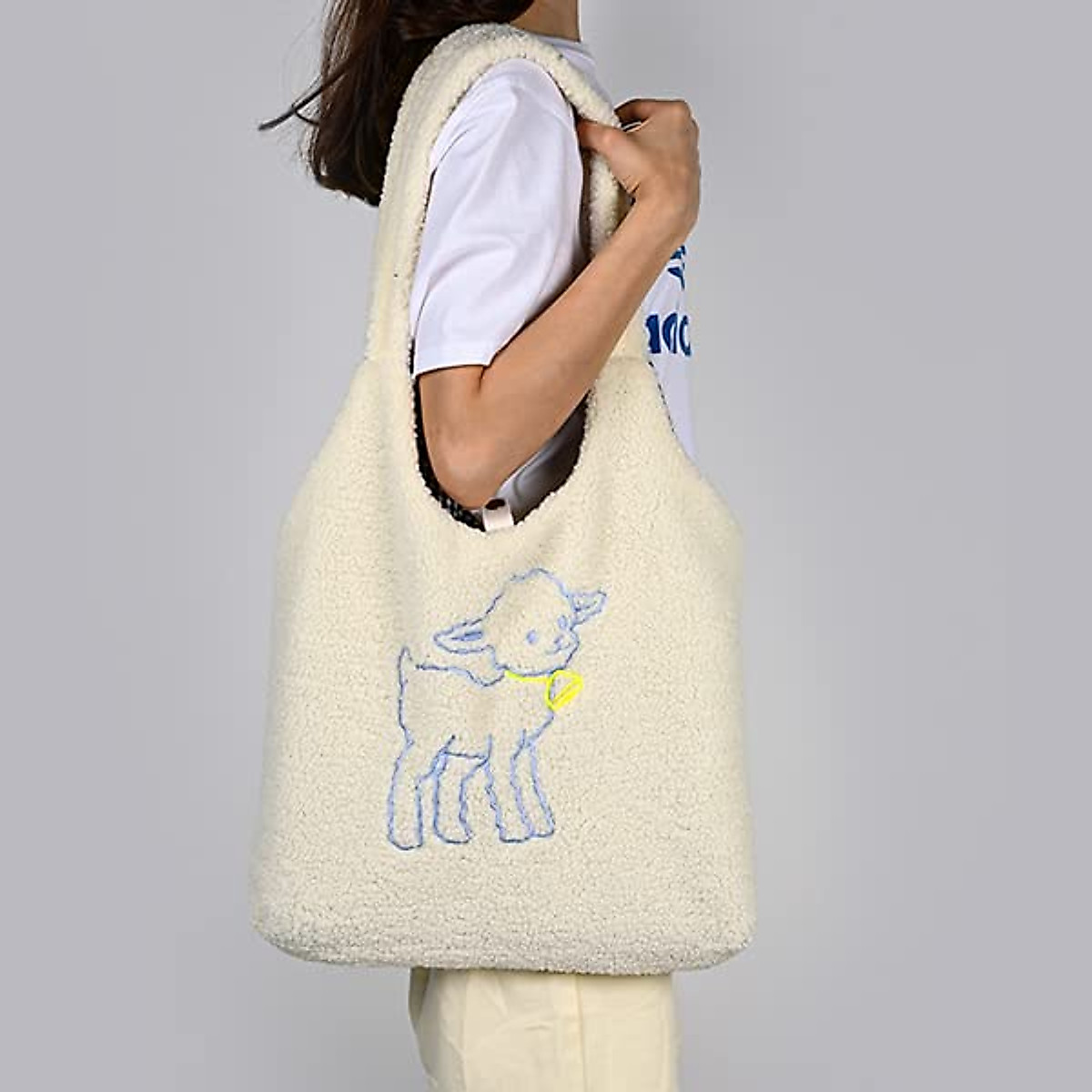 FVVMEED Plush Lamb Bag Tote Purse Lamb Like Fabric Shoulder Bag Simple Shoulder Women Casual Handbag