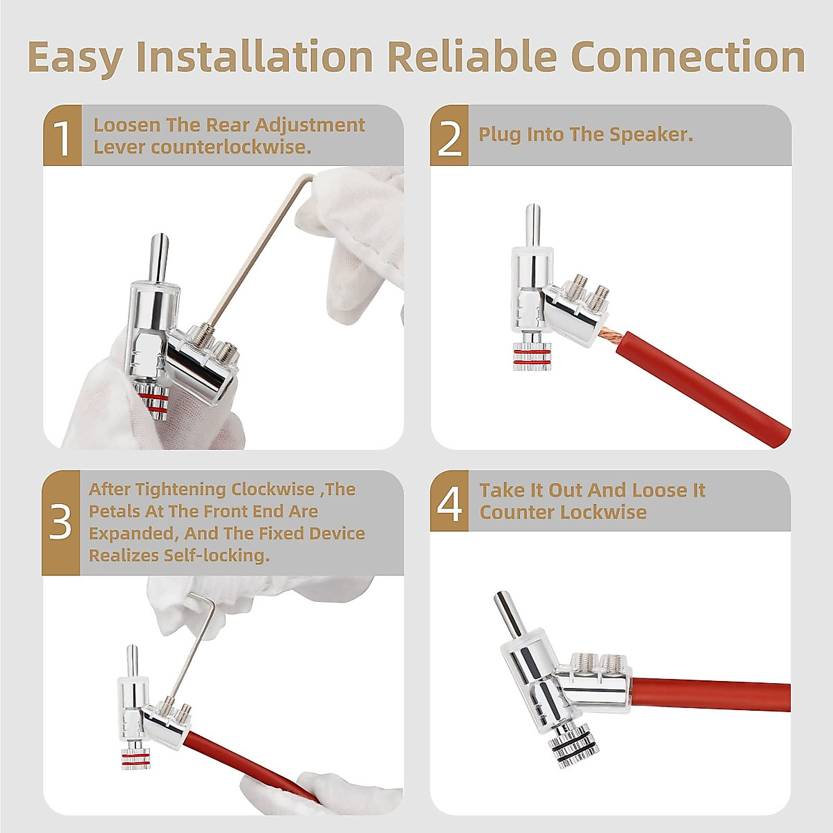 Monosaudio Locking Banana Plugs 8Pcs 45 Degree Banana Connectors Double Screw Speaker Banana Plug for 8-15 Guage Speaker Wire,Audio/Video Receiver,Sound Systems with L-Form Hex Wrench(Rhodium Plated)