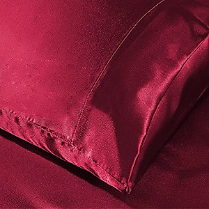 Thmyo Satin Bed Sheet Set,Extra Soft Deep Pocket Silky Satin Sheet Set with 1 Fitted Sheet +1 Flat Sheet + 2 Pillow Cases (4-Piece Wine red, Queen)