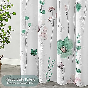 QiyI Watercolor Floral Shower Curtain, 3D Embossed Butterflies Sage Green Flower Bathroom Curtain, Minimalist White Cloth Bath Curtain, Waterproof Fabric Textured Shower Curtain Set with Hooks, 72x72