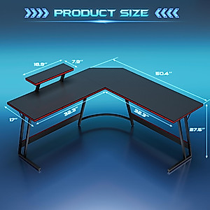 Homall L Shaped Gaming Desk Computer Corner Desk Pc Gaming Desk Table with Large Monitor Riser Stand for Home Office Sturdy Writing Workstation (Black,51 Inch)