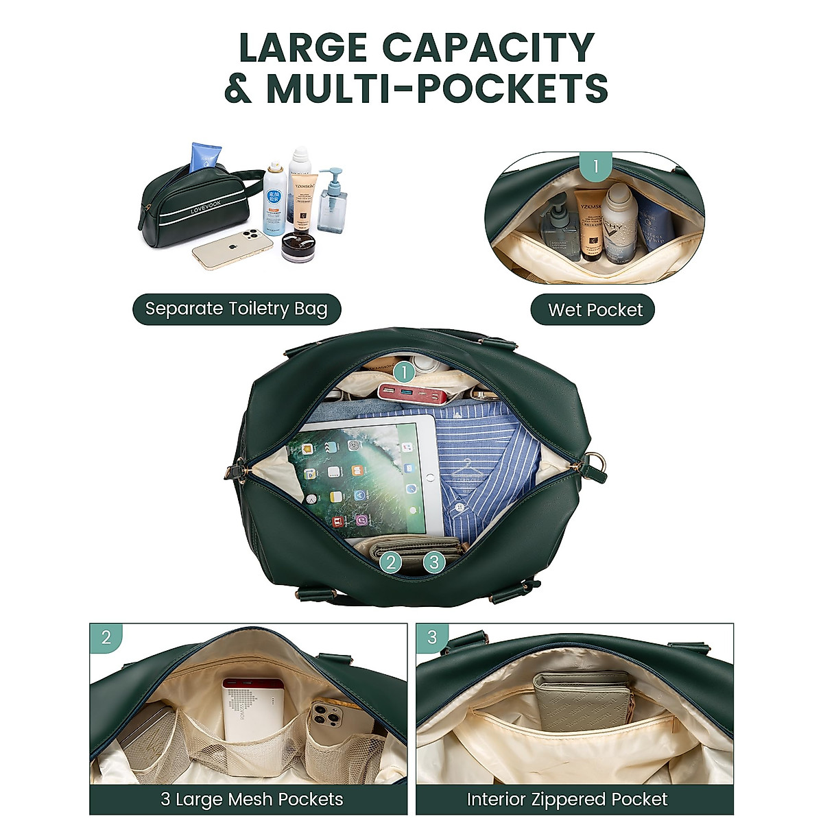 LOVEVOOK Travel Duffle Bag for Women, Leather Carry On Weekender Bag with Toiletry Bag, Waterproof Overnight Bag Tote Gym Duffel Bag with Wet Pocket for Hospital Yoga Sports Dance Green