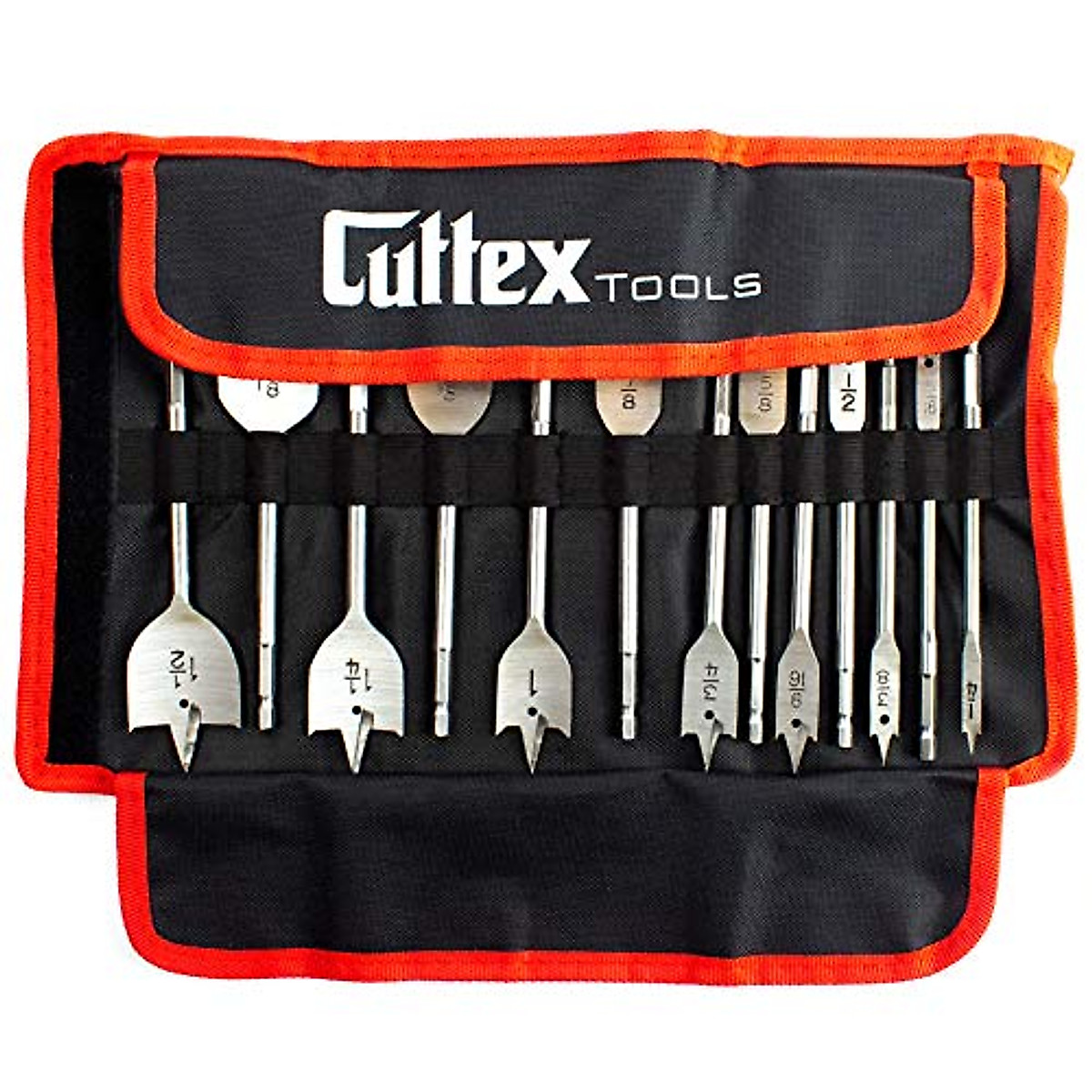 1/4" to 1-1/2" (6mm-38mm) CUTTEX TOOLS Spade Drill Bit Set, 13 PCS The Most Common Sizes, Full Set Heavy Duty Paddle Flat Bits, Nylon Storage Pouch Included