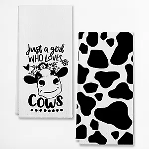 Just a Girl Who Loves Cows Kitchen Towels & Tea Towels, Dish Cloth Flour Sack Hand Towel for Farmhouse Kitchen Decor,24 X 16 Inches Cotton Modern Dish Towels Dishcloths Set of 2,Cow Lovers Girls Gift