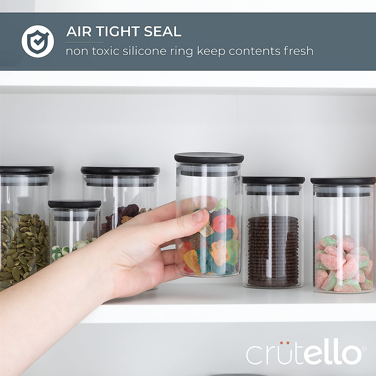 Crutello 12 Pack 8.5 Oz Spice Jars with Black Bamboo Lids for your Pantry, Dishwasher Safe Jars with Black Lids and Labels for Spices, Honey, Beans, Rice, Nuts