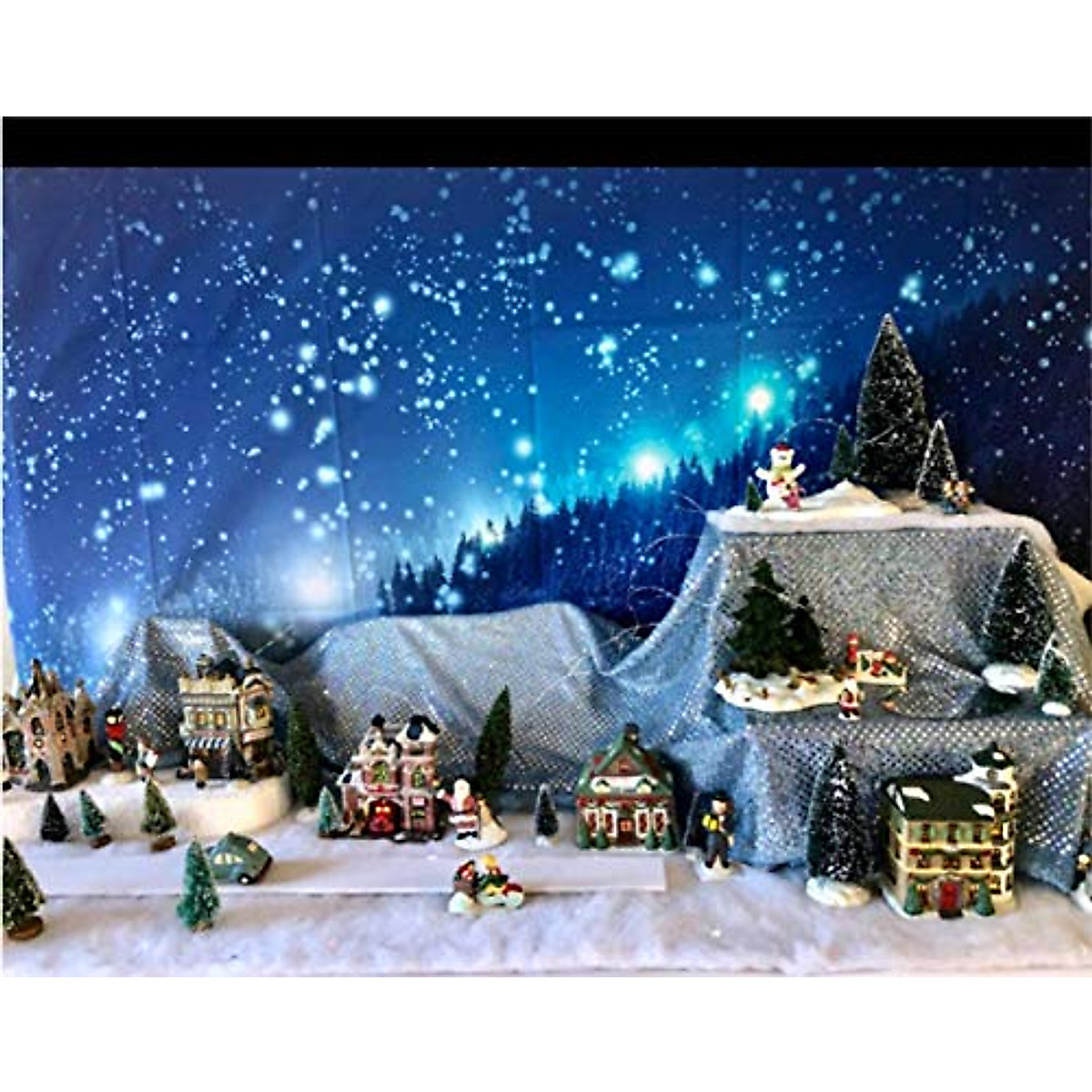 Leowefowa 5X3FT Christmas Backdrop Rustic Village Night View Forest Trees Snowing Shining Lights Blue Sky Winter Xmas Vinyl Photography Background Kids Children Newborn Photo Studio Props