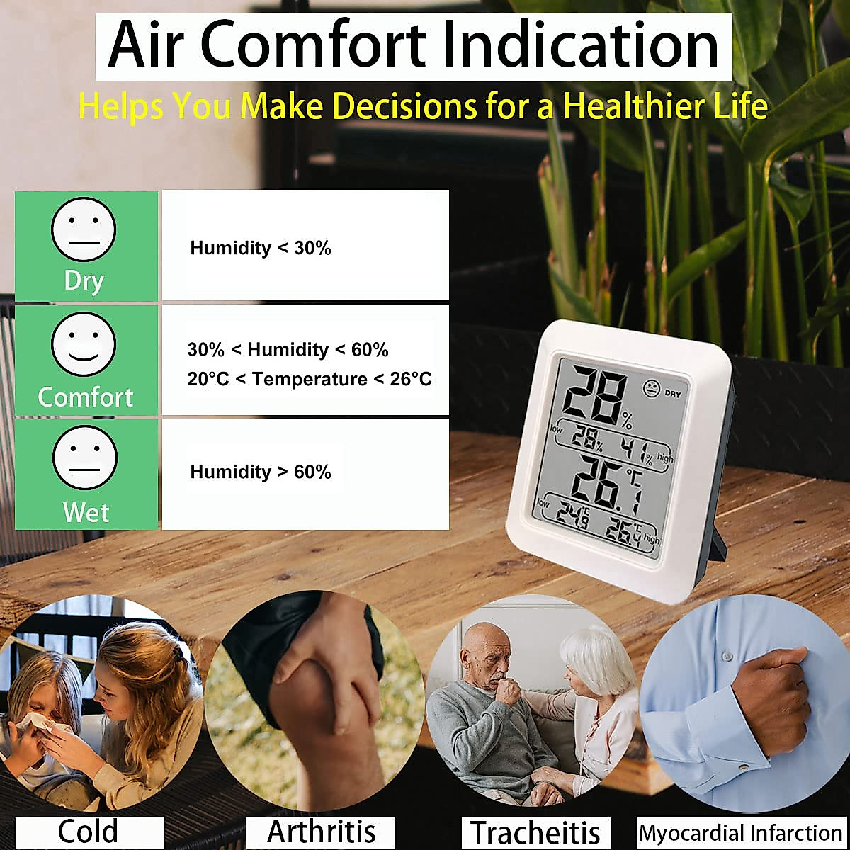 Digital Temperature and Humidity Meter Sensor Gauge Large LCD Display Indoor Room Temperature Hygrometer Monitor Air Comfort Indicator for Pet Reptile,Greenhouse,Basement,Humidor,Guitar,Office,Cellar