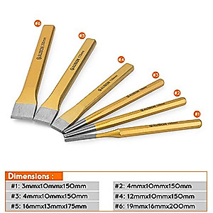 Acrux7 6 Pcs Cold Chisel Set - Flat Chisel, Center Chisel, Cylindrical Chisel, with Canvas Bag, Cone Chisel for Brickwork, Concrete, Metal, Stone