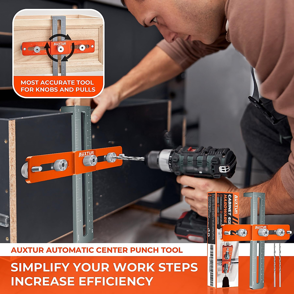 AUXTUR Cabinet Hardware Jig, Adjustable Cabinet Handle Template Tool with Alignment Hole, Punch Locator Drill Guide for Knobs,Handles and Pulls, Cabinet Template Tool for Drawer Cabinet Installation