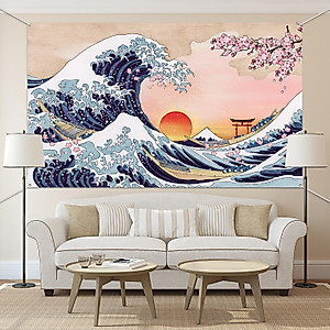 Great Wave Wall Hanging Ocean Wave Photo Banner Japanese Kanagawa Backdrop Sunset Cherry Blossom Art Nature Background for Japanese Party Wall Home Decorations, 72.8 x 43.3 Inch