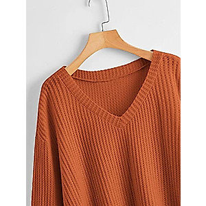 SOLY HUX Women's Plus Size Long Sleeve Crop Tops V Neck Pullover Drop Shoulder T Shirts Waffle Knit Tees Pure Orange 4XL